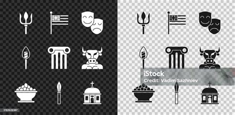 해왕성 삼지창 그리스 국기 희극과 비극 가면 그릇에 올리브 중세 창 산토리니 건물 횃불 불꽃 및 고대 기둥 아이콘을 설정합니다 벡터 Theatrical Performance