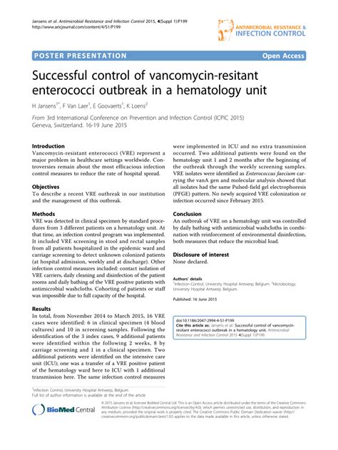 Pdf Successful Control Of Vancomycin Resitant Enterococci Outbreak In A Hematology Unit