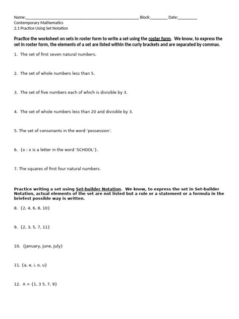 2 1 Practice Using Set Notation Pdf