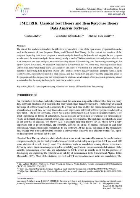 Pdf Jmetrik Classical Test Theory And Item Response Theory Data Analysis Software