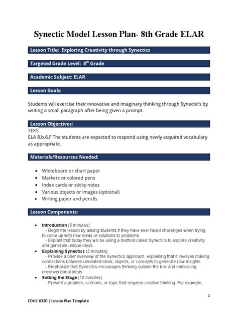 Synectic Lp Finalized Pdf Creativity Lesson Plan