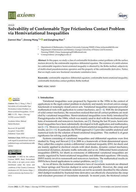 Pdf Solvability Of Conformable Type Frictionless Contact Problem Via