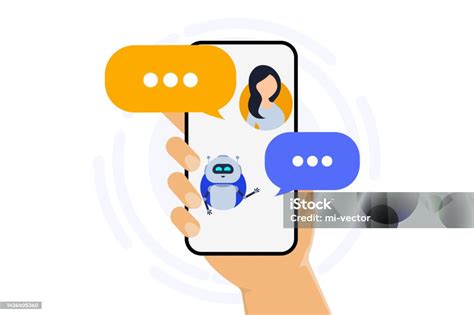 챗봇 개념 스마트 폰에서 챗봇과 채팅하는 여성의 그림과 함께 전화를 들고 손 스마트 폰에서 챗봇과 채팅하는 사용자 고객 서비스 도움말 벡터 일러스트 레이 션 챗봇에 대한