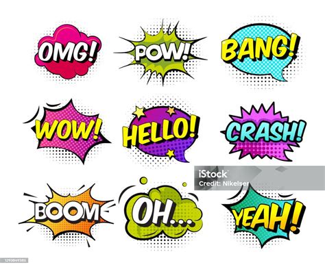 9 가지 색의 만화 음향 효과의 컬렉션 팝 아트 벡터 스타일의 만화 음향 효과 단어와 만화 하프 톤 표현 소리와 사운드 거품 음성 일러스트 를 소리 공란에 대한 스톡 벡터