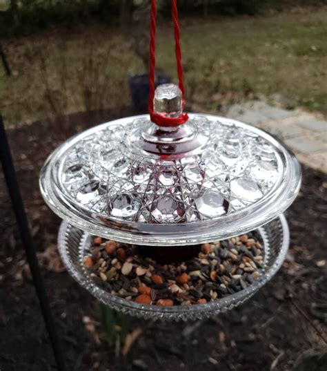 Hanging Vintage Red Glass Bird Feeder Birds Love It Sparkling In The Sun Cottagecore