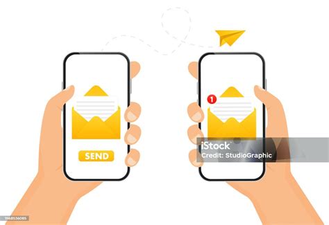 스마트폰을 들고 있는 손 모바일 통신의 개념 플랫 메일 보내기 웹 배너 웹 사이트를위한 현대적인 간단한 평면 디자인 한