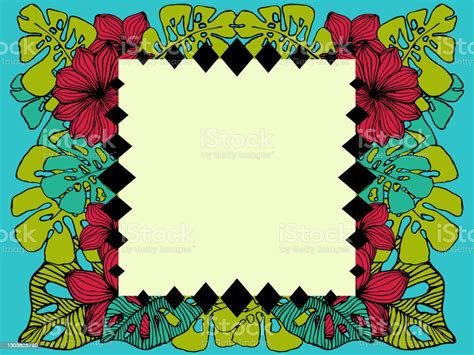 기하학적 열대 프레임 깃털 꽃과 야자수 잎자연 복사 공간 디자인 0명에 대한 스톡 벡터 아트 및 기타 이미지 0명 건축물