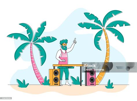 해피 Dj 남성 캐릭터 핑크 셔츠와 선글라스에 머리 재생 및 해변 디스코 파티에서 음악을 혼합 디스코텍 재미 청소년 라이프