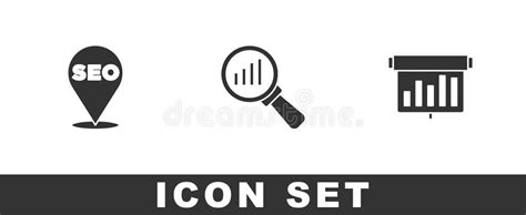 Set Seo Optimization Magnifying Glass And Analysis And Board With Graph Chart Icon Vector