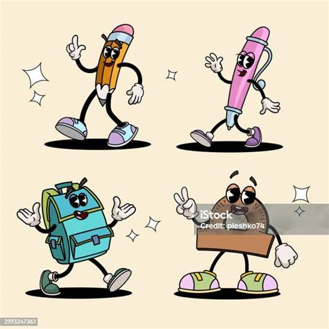 신학기 세트로 돌아갑니다 펑키한 복고풍 그루비 캐릭터 배낭 펜 연필 자 벡터 일러스트레이션 가공의 인물에 대한 스톡 벡터 아트 및 기타 이미지 Istock