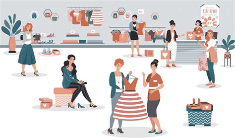 패션 숍에서 옷을 구입하는 여성 부티크에서 슈퍼 세일 캠페인 사람들 벡터 일러스트 구매에 대한 스톡 벡터 아트 및 기타 이미지 구매 벡터 상점 Istock