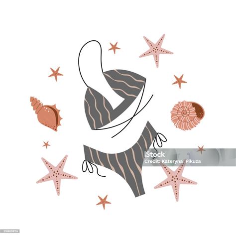 불가사리와 조개껍데기로 장식된 여름 수영복 열대 해변 분위기 흰색 배경에 벡터 일러스트 레이 션 갑각류에 대한 스톡 벡터 아트 및 기타 이미지 Istock