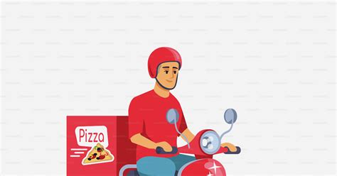 피자 배달 플랫 벡터 그림입니다 스쿠터를 타고 식사를 배달하는 남성 택배 하얀 배경에 신선한 간식 고립된 만화 캐릭터 이상한 직업 학생들을위한 아르바이트 직업