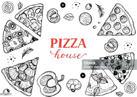 이탈리아 피자 벡터 일러스트레이션 손으로 그린 스케치 피자 이탈리아 음식 패키지 디자인 피자 슬라이스 일러스트레이션 개념에 대한 스톡 벡터 아트 및 기타 이미지 Istock
