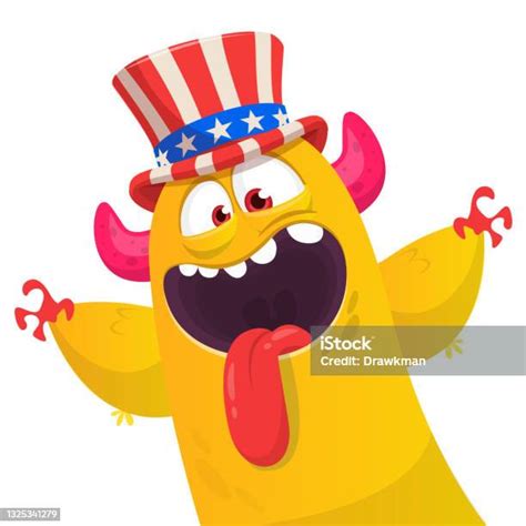 미국 독립 기념일에 미국 삼촌 샘 모자를 입고 만화 재미있는 괴물 외계인 생물 캐릭터의 벡터 그림 0명에 대한 스톡 벡터 아트 및 기타 이미지 Istock