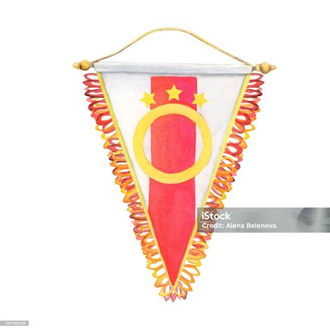 노란색 원과 노란색 별이 있는 축구 페넌트의 수채화 그림 흰색 배경에 빨간색과 흰색 깃발 선이 그려져 있습니다 축구 팬을 위한 일러스트레이션 Championship에 대한