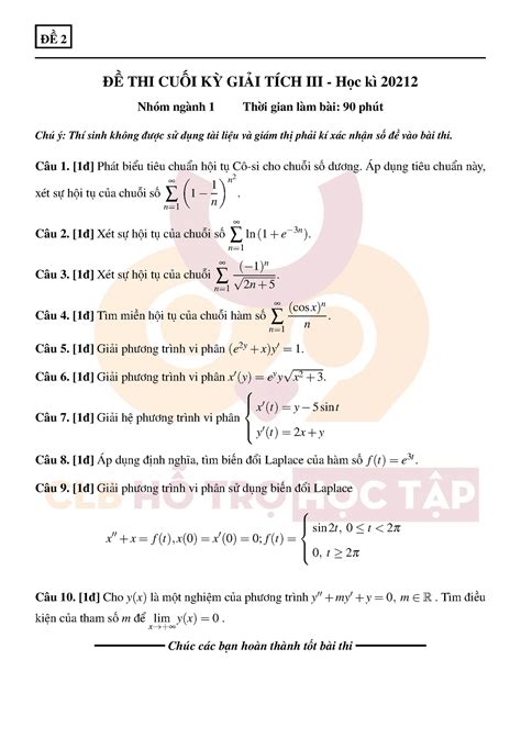 Đề thi GT In đề thi ĐỀ THI CUỐI KỲ GIẢI TÍCH III Học kì Nhóm ngành Thời gian