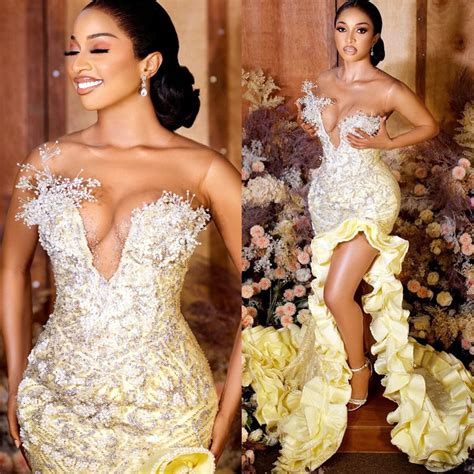 Yellow Mermaid Gold Mermaid Prom Dress With Beaded Crystals And Pearls