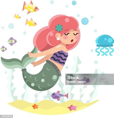 바다 바다 물 아래쪽 캐릭터 아이콘 평면 디자인 벡터 일러스트 레이 션에 수영 하는 귀여운 Bodypositive 인 어 소녀