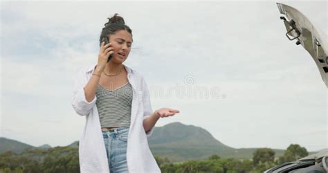 Frustrated Woman Phone Call And Car Trouble For Problem Solving Communication Or Road Side