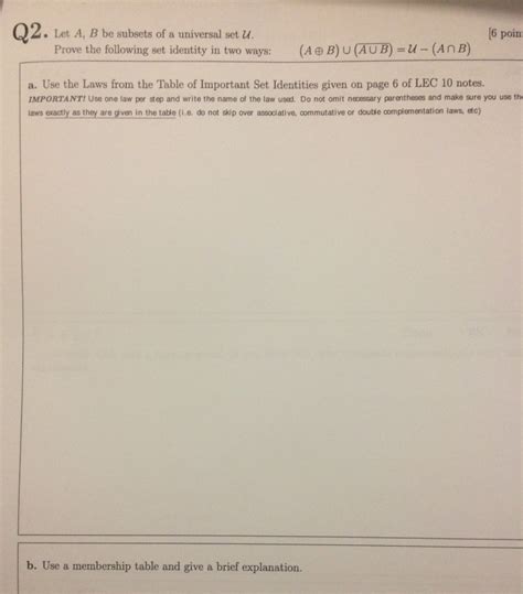 solved q2 let a b be subsets of a universal set u [6 point
