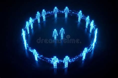 Glowing Blue Digital Figures In A Circle Network Community Connection Unity And Technology Are