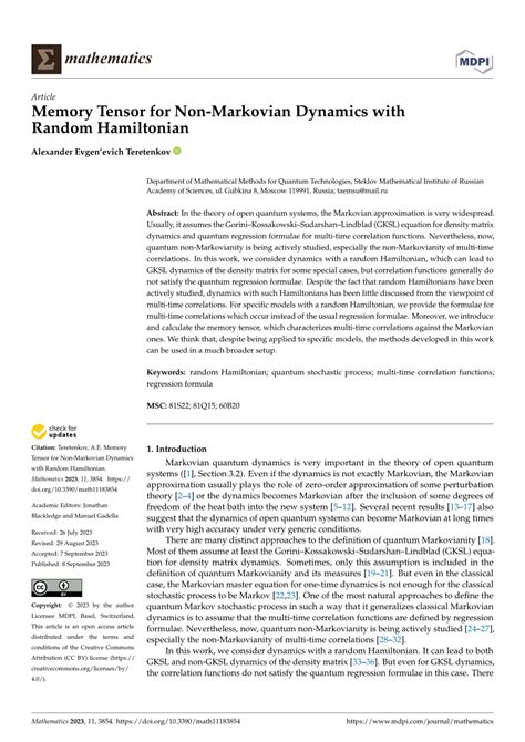 Pdf Memory Tensor For Non Markovian Dynamics With Random Hamiltonian