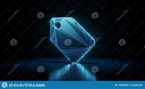 3d Rendering Wireframe Neon Glowing Symbol Of Label On Black Background With Reflection Stock