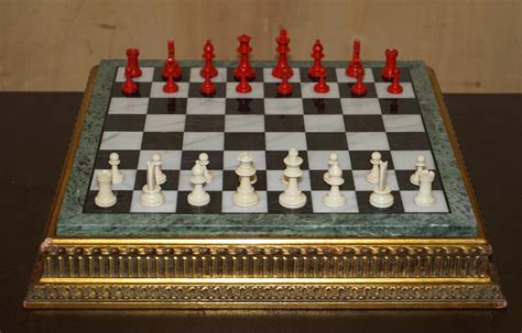 Antique Victorian Staunton Chess Pieces Set Italian Marble Giltwood