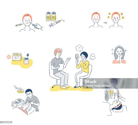 미용 피부과 및 성형 수술의 다양한 장면의 일러스트 세트 몸 가꾸기와 미용에 대한 스톡 벡터 아트 및 기타 이미지 몸 가꾸기와 미용 미용술 사람 얼굴 Istock