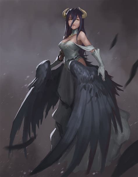 1girl Albedo Bareshoulders Blackhair Breasts Cleavage Demongirl Demonhorns Demonwings