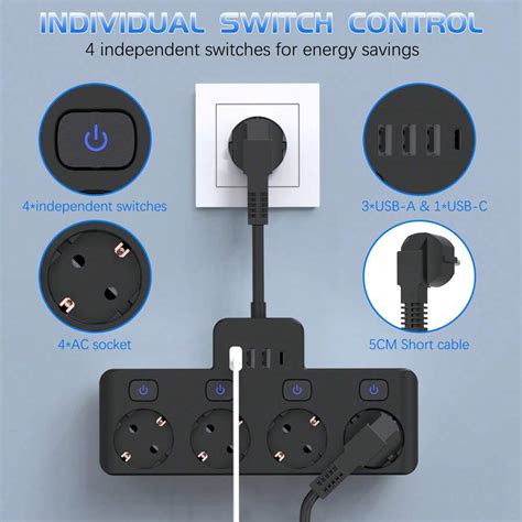 Hitrends 8 In 1 Power Socket 4 Way Power Socket Individually Switchable Multiple Sockets With