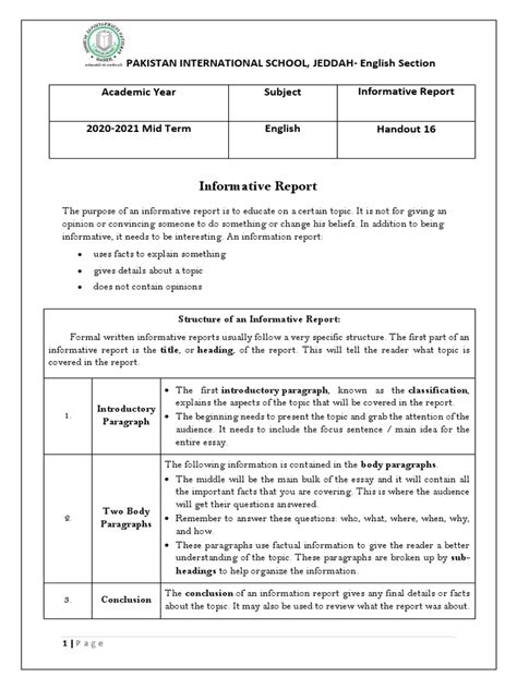 Unit 5 Handout 16 Informative Report Pdf Essays