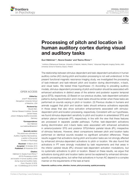 Pdf Processing Of Pitch And Location In Human Auditory Cortex During Visual And Auditory Tasks