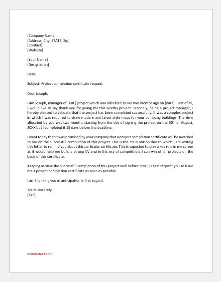 Project Completion Certificate Request Letter Writeletter2 Com