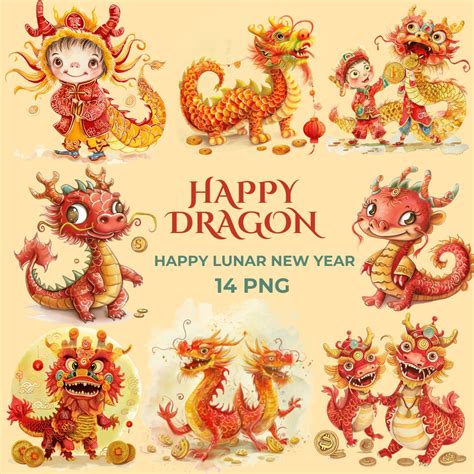 Chinese New Year Dragon Clip Art Happy Dragon Lion Dance Red Lantern Coin Graphic Happy