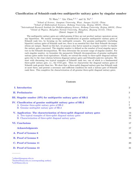Pdf Classification Of Schmidt Rank Two Multipartite Unitary Gates By Singular Number