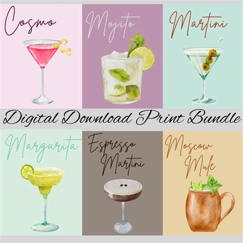 Set Of 6 Cocktail Prints Bar Cart Prints Cocktail Wall Art Minimalist Alcohol Wall Art Prints