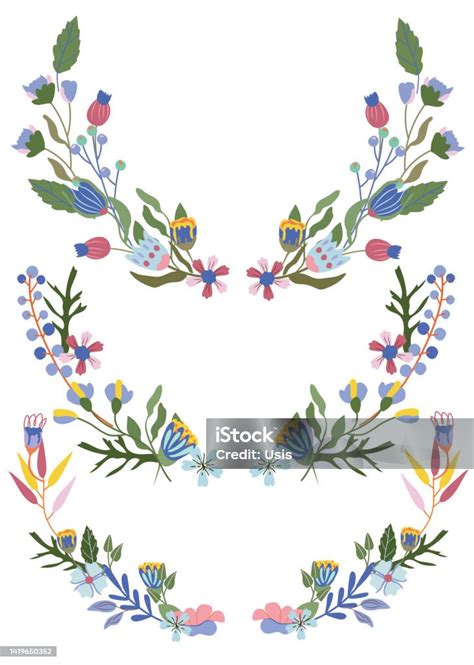 꽃 화려한 나뭇잎이있는 컬렉션 화환 밝은 꽃 컬렉션 카드 배너 생일 및 기타 휴일을 만드는 마법의 일러스트레이션 벡터 꽃 왕관에 대한 스톡 벡터 아트 및 기타 이미지