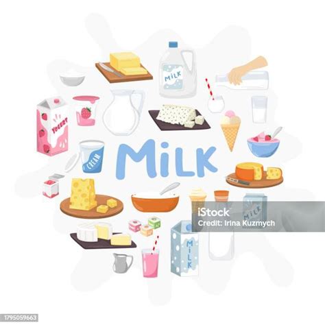 유제품 세트입니다 우유 과일 요구르트 사워 크림 버터 다양한 종류의 치즈 아이스크림 과일에 대한 스톡 벡터 아트 및 기타 이미지 Istock