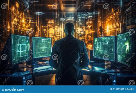 Cybersecurity Professional Working Inside A High Tech Server Room With Immersive Interface