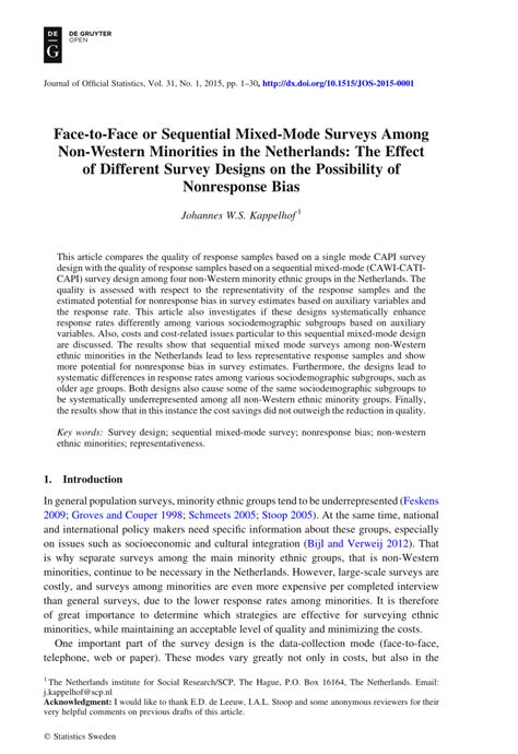 Pdf Face To Face Or Sequential Mixed Mode Surveys Among Non Western Minorities In The