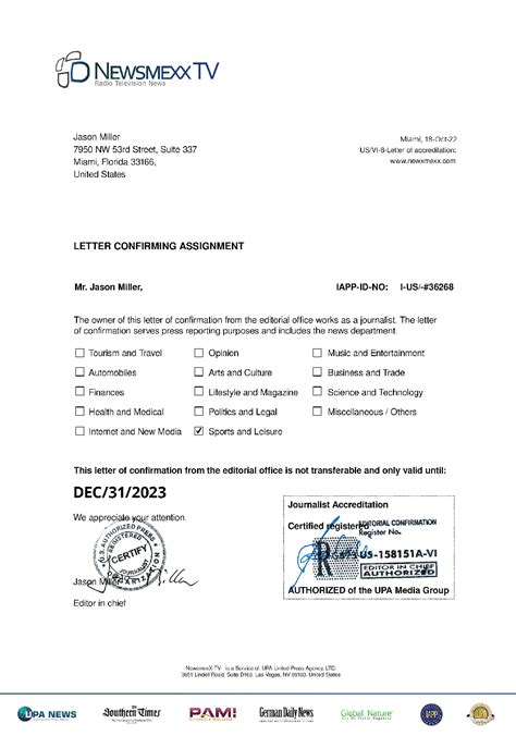 Letter Confirming Assignment