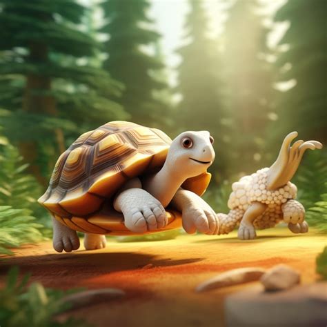 A Turtle With A Turtle On Its Back Is Walking In The Woods Premium Ai