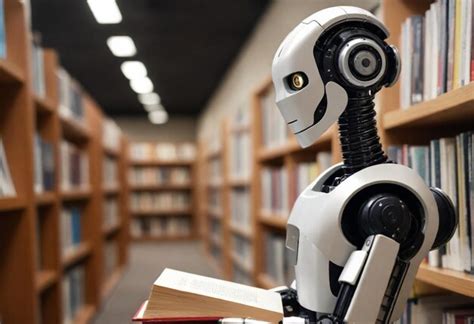 premium photo a robot sits in a library with a book in the background