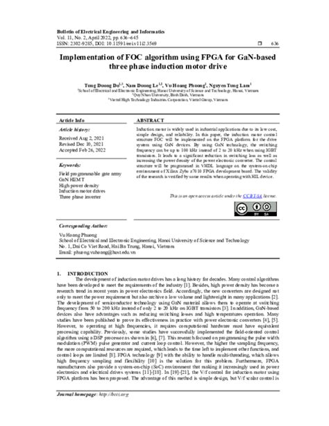 pdf implementation of foc algorithm using fpga for gan based three phase induction motor drive