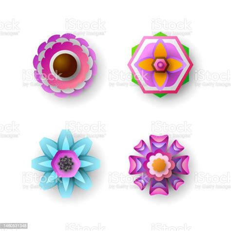 세트 추상 컬렉션 3d 색상 꽃 종이 컷 배경 벡터 현대 디자인 스타일 그림자 0명에 대한 스톡 벡터 아트 및 기타 이미지 0명 귀여운 꽃 나무 Istock