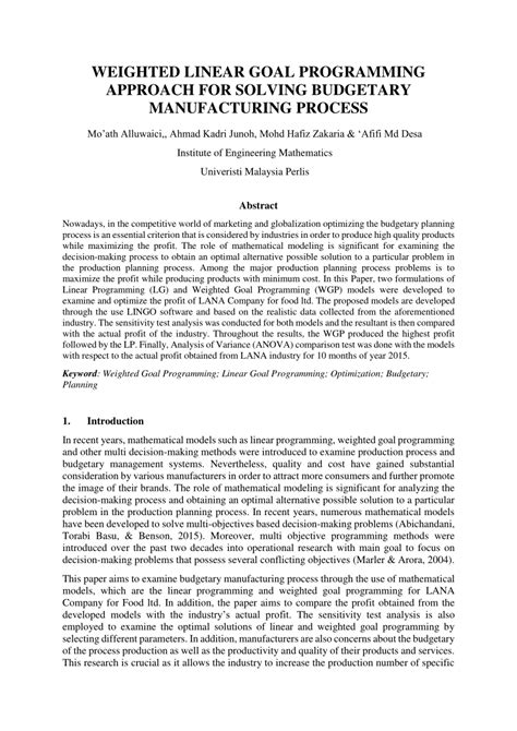 Pdf Weighted Linear Goal Programming Approach For Solving Budgetary Manufacturing Process