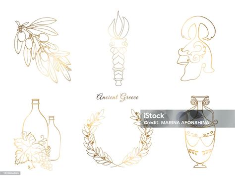 고대 그리스 항목 세트 황금 올리브 가지와 꽃병 전사 헬멧과 올림픽 성화 포도 와 와인 병 골드 월계수 화환 신화 고대 그리스와 로마 스타일 벡터 요소 벡터에 대한 스톡