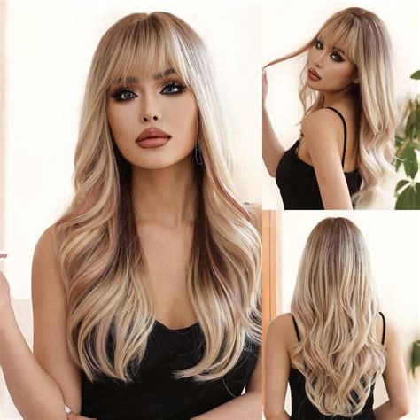 Blonde Wavy Wig With Bangs Cosplay Synthetic Hair Wigs Platinum Long
